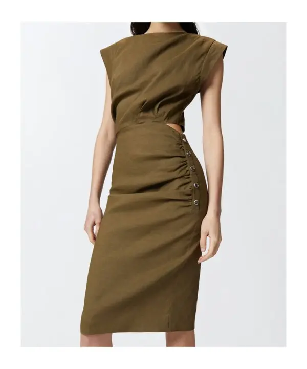 Pinko Cap Sleeve Ruched Button Detailed Dress