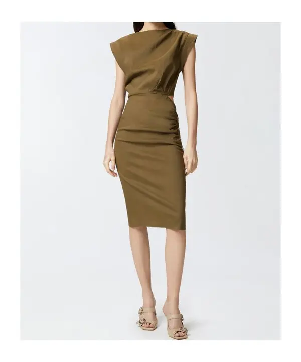Pinko Cap Sleeve Ruched Button Detailed Dress