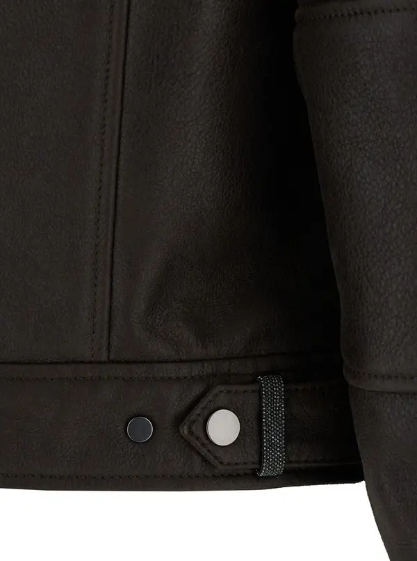 Brunello Cucinelli Shearling Collar Cropped Biker Jacket - Chocolate-colored