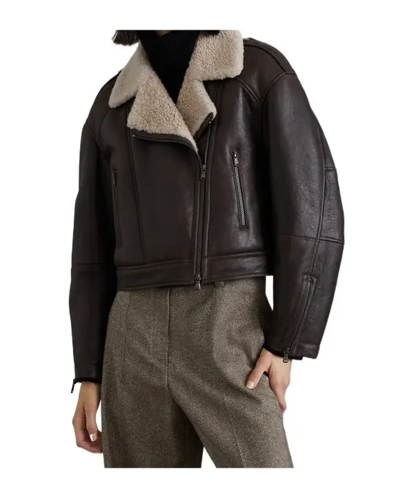 Brunello Cucinelli Shearling Collar Cropped Biker Jacket - Chocolate-colored