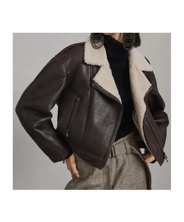 Brunello Cucinelli Shearling Collar Cropped Biker Jacket - Chocolate-colored