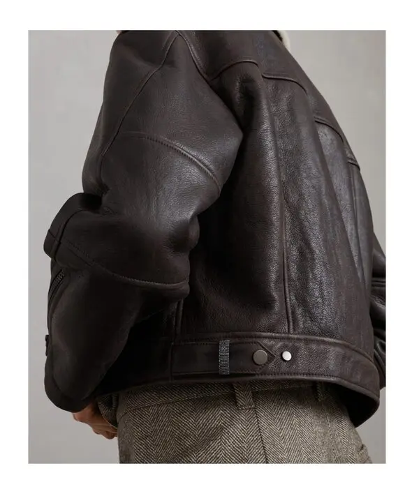 Brunello Cucinelli Shearling Collar Cropped Biker Jacket