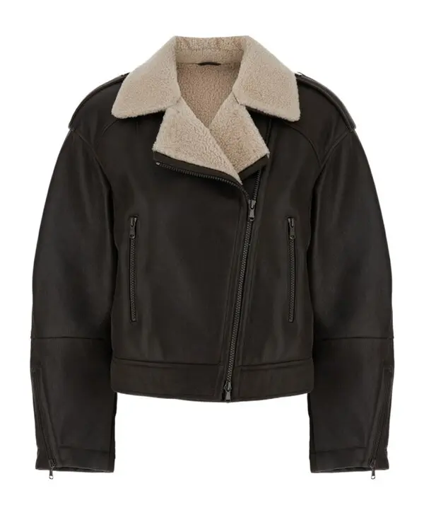 Brunello Cucinelli Shearling Collar Cropped Biker Jacket - Chocolate