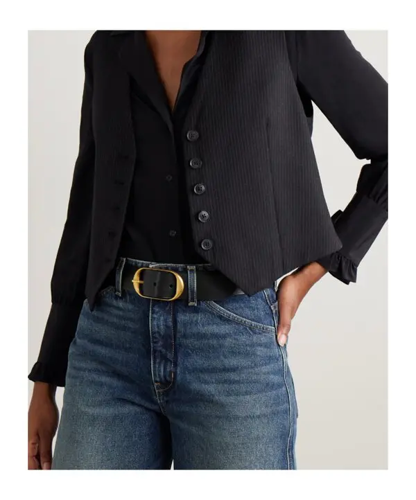 NILI LOTAN Leather Belt With Vintage Gold Buckle - Black