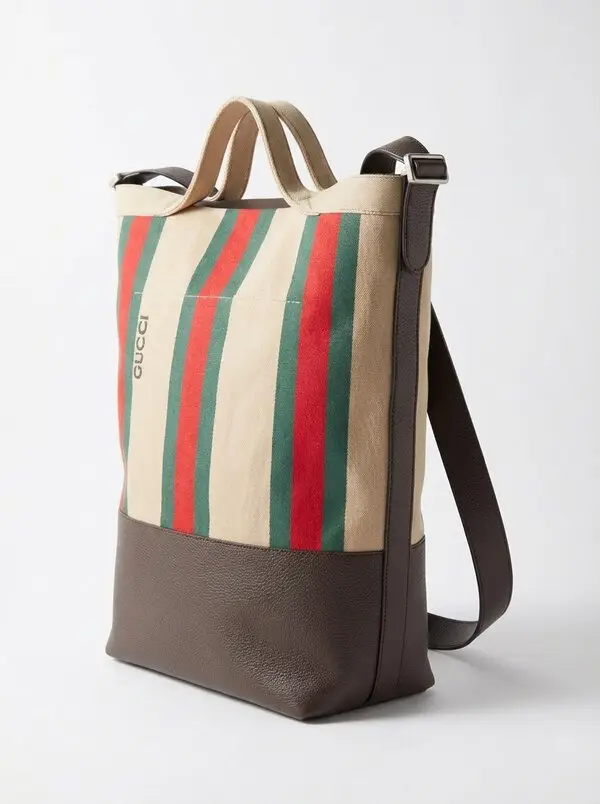 Gucci Large Striped Canvas And Leather Tote Bag - Camel