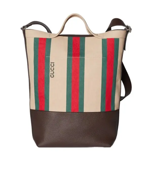 Gucci Large Striped Canvas And Leather Tote Bag - Camel