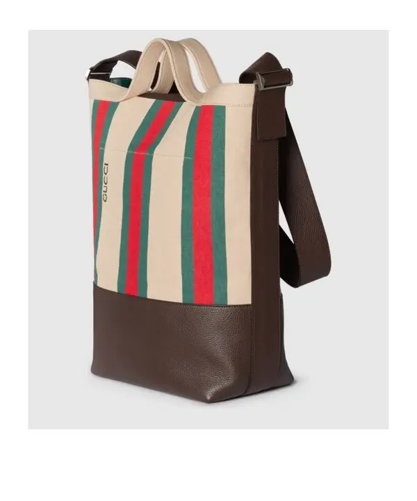 Gucci Large Striped Canvas And Leather Tote Bag - Camel