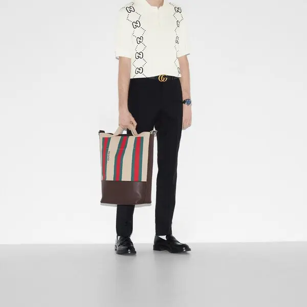 Gucci Large Striped Canvas And Leather Tote Bag - Camel