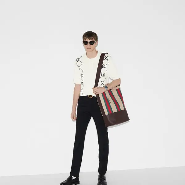 Gucci Large Striped Canvas And Leather Tote Bag - Camel
