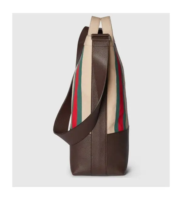 Gucci Large Striped Canvas And Leather Tote Bag - Camel