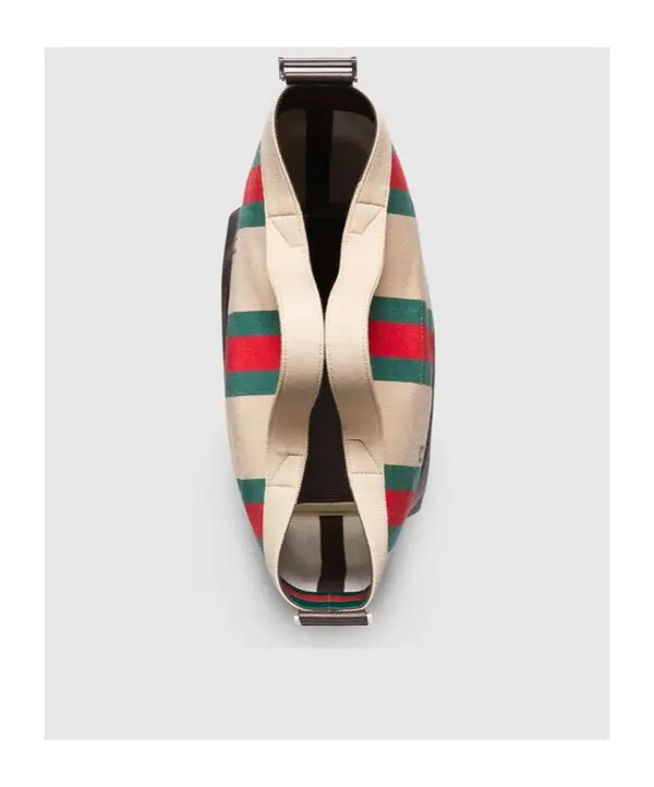 Gucci Large Striped Canvas And Leather Tote Bag - Camel