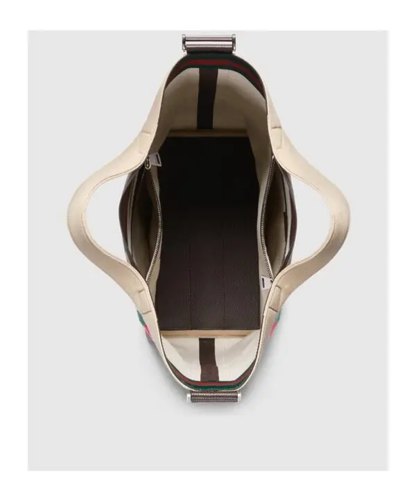 Gucci Large Striped Canvas And Leather Tote Bag - Camel