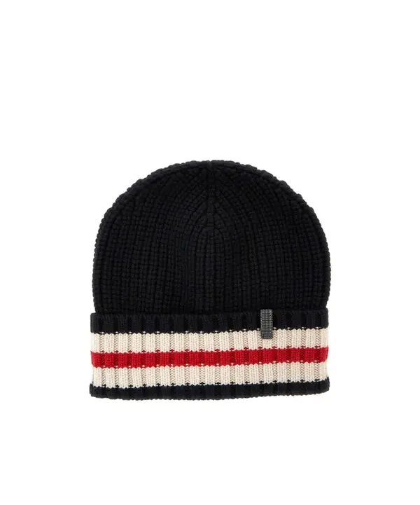 Brunello Cucinelli Ribbed Beanie With Stripe Detail - Black