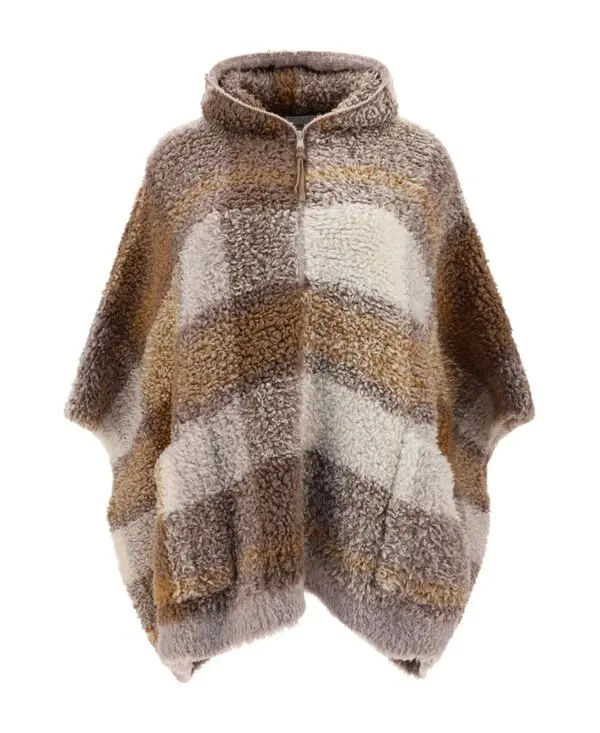 Brunello Cucinelli Checked Hooded Fleece Cape