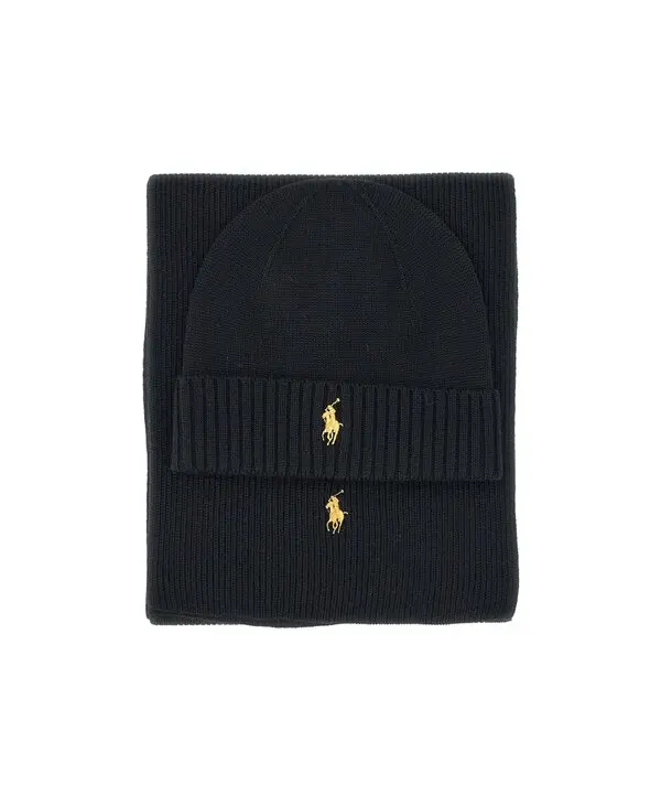 Polo Ralph Lauren Pony-motif Scarf And Beanie Set - Black