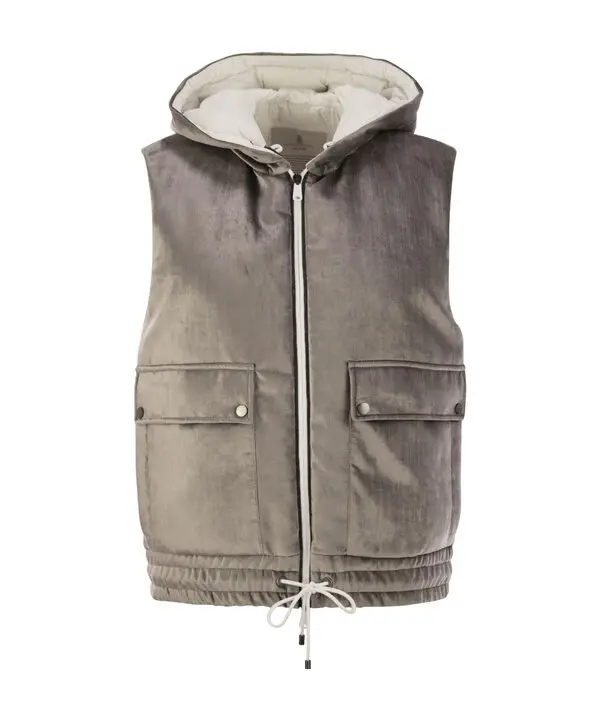 Brunello Cucinelli Sleeveless Hooded Velvet Zip-up Jacket With Drawstring Hem