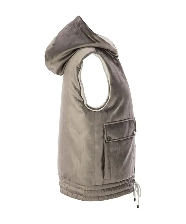 Brunello Cucinelli Sleeveless Hooded Velvet Zip-up Jacket With Drawstring Hem