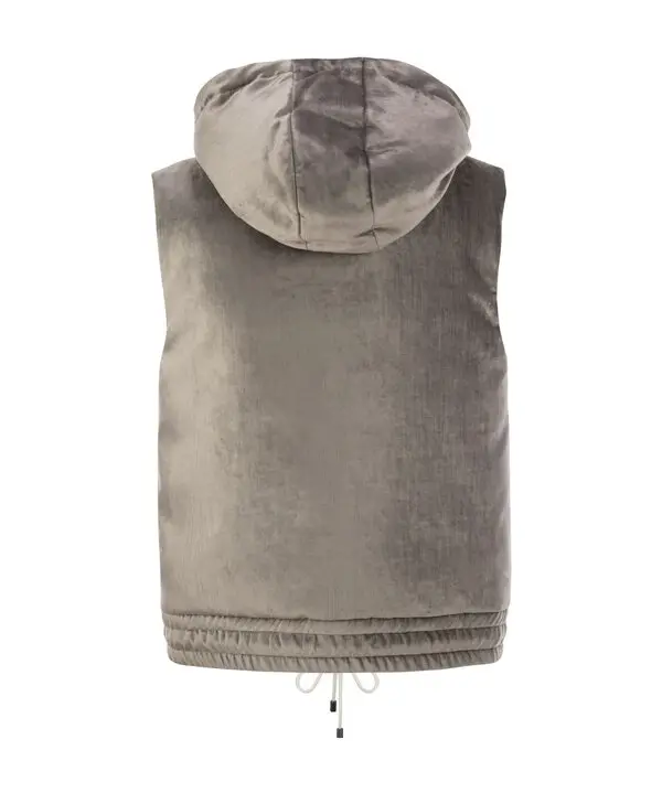 Brunello Cucinelli Sleeveless Hooded Velvet Zip-up Jacket With Drawstring Hem