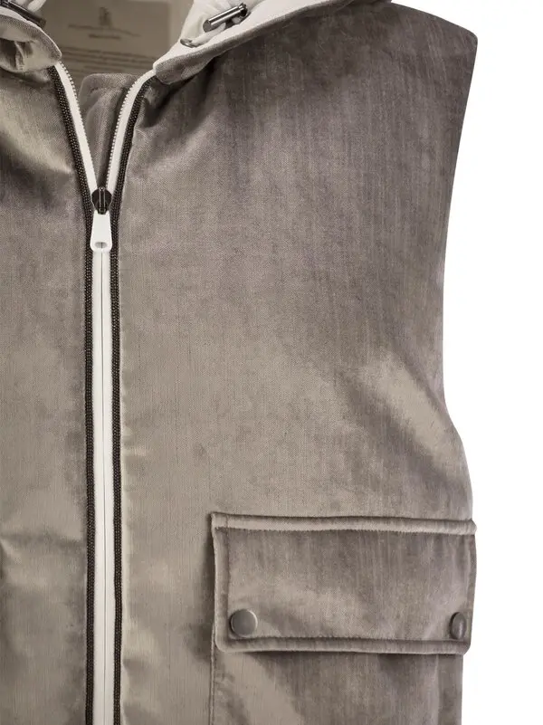 Brunello Cucinelli Sleeveless Hooded Velvet Zip-up Jacket With Drawstring Hem