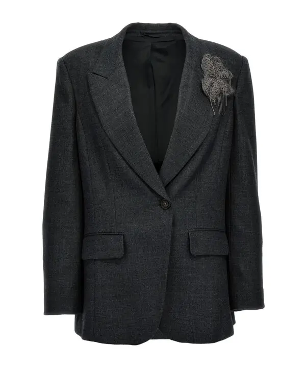 Brunello Cucinelli Floral Detailed Single-breasted Blazer - Dark Gray