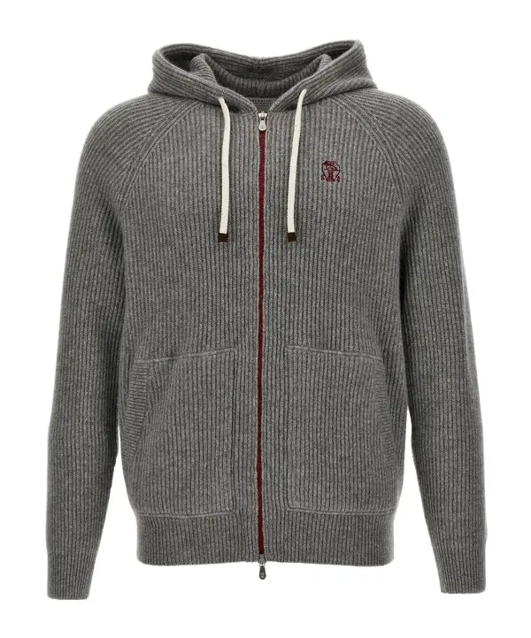 Brunello Cucinelli Logo Embroidered Zip-up Cardigan - Grey