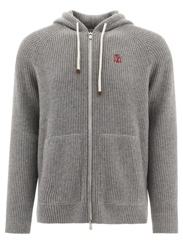 Brunello Cucinelli Logo Embroidered Zip-up Cardigan - Grey