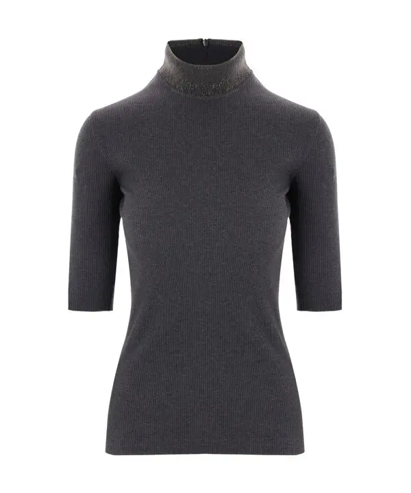Brunello Cucinelli Monili Detailed Mock Neck Ribbed Top