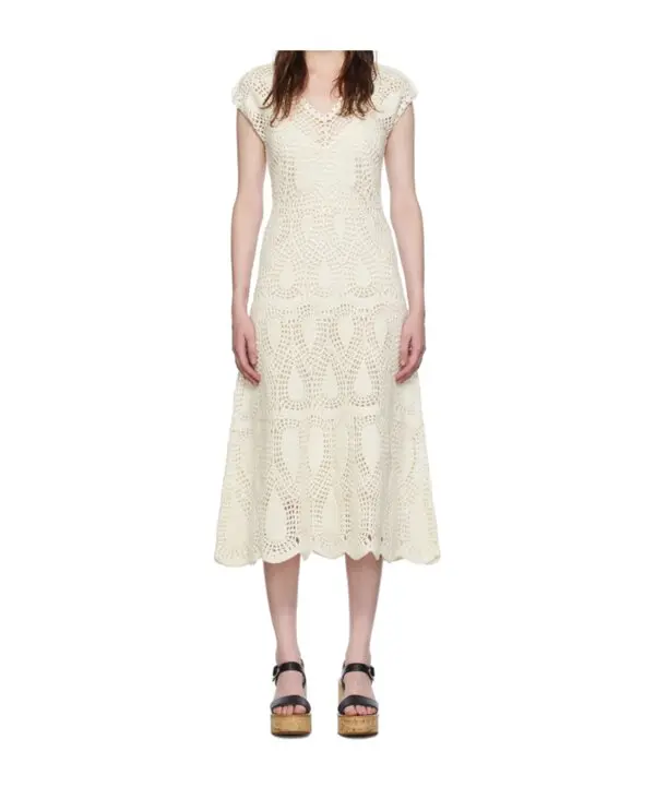 Gabriela Hearst V-neck Dress With Cap Sleeves And Scalloped Hem - White