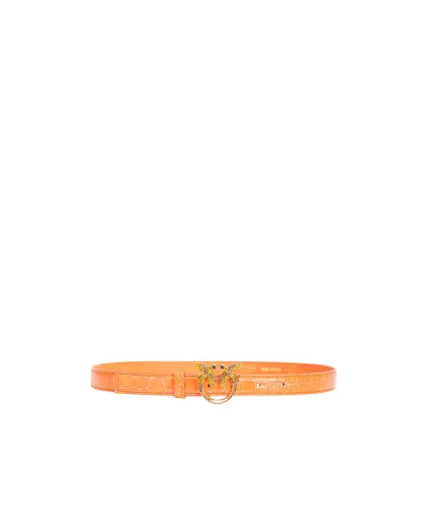 Pinko Galleria Thin 2cm Shiny Coloured Croc-print Belt With Love Birds Buckle - Orange