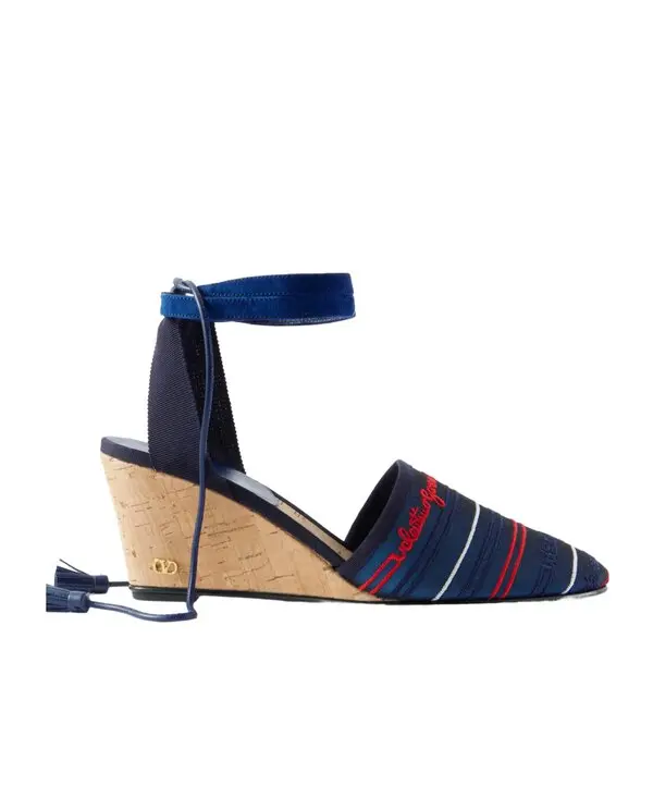 Valentino Garavani Striped Embroidered Wedge Sandals