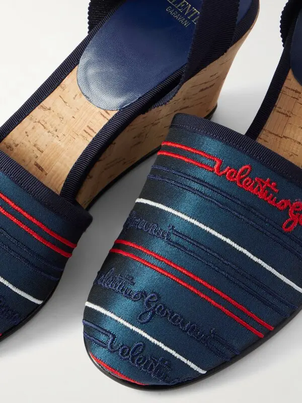 Valentino Garavani Striped Embroidered Wedge Sandals