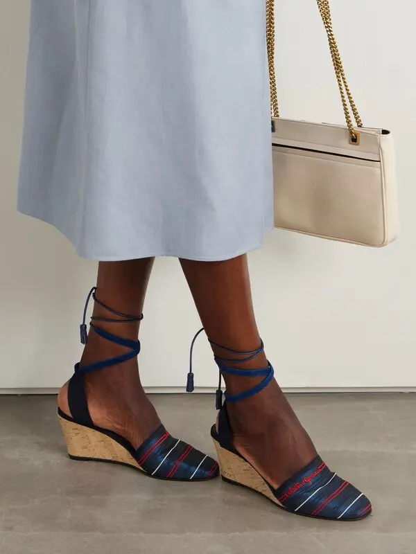 Valentino Garavani Striped Embroidered Wedge Sandals