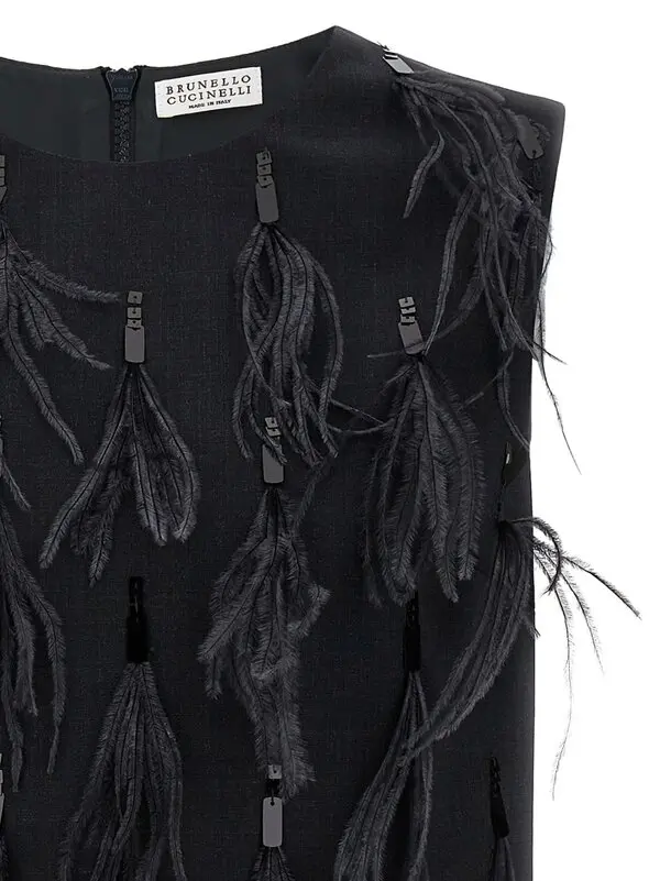 Brunello Cucinelli Feather Embellished Sleeveless Crewneck Top