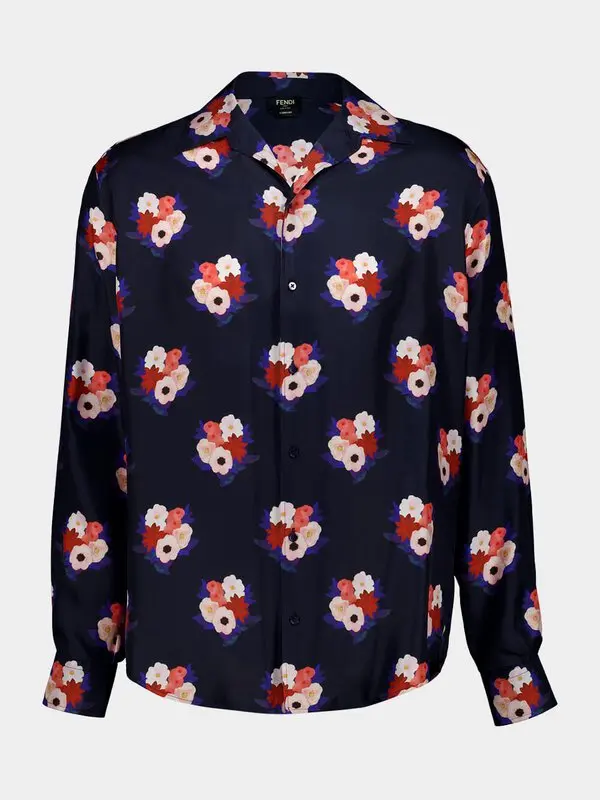 Fendi Dark Bouquet Silk Shirt - Blue