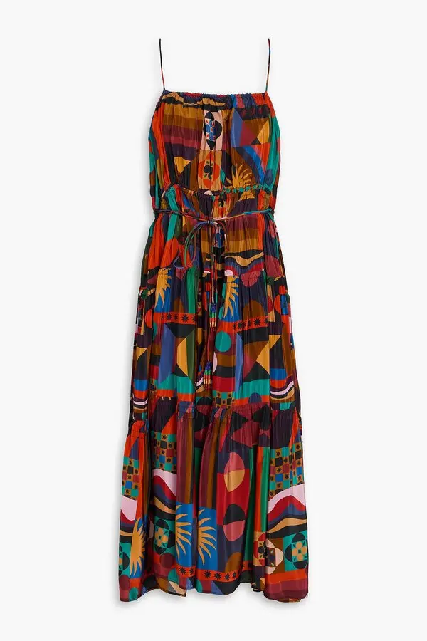 Farm Rio Tiered Printed Crepe De Chine Midi Dress