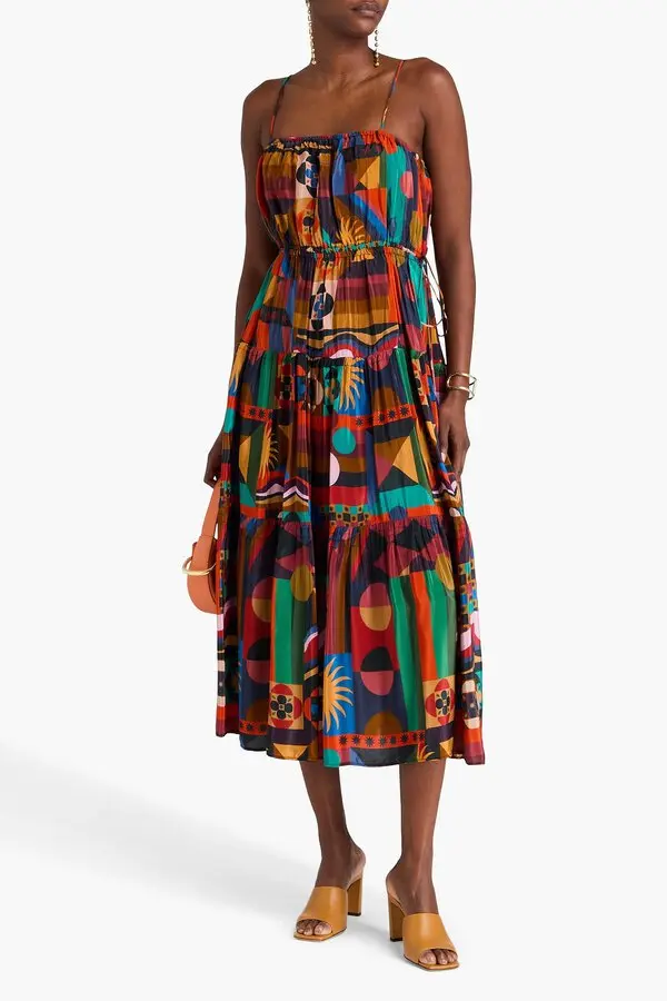 Farm Rio Tiered Printed Crepe De Chine Midi Dress
