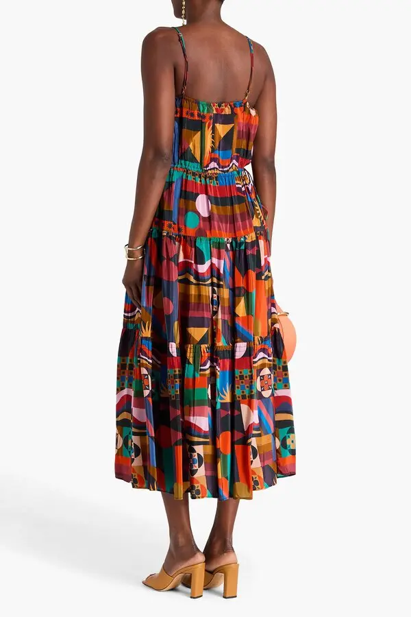 Farm Rio Tiered Printed Crepe De Chine Midi Dress