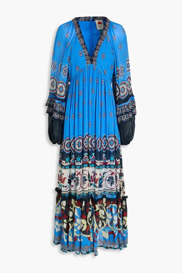 Farm Rio Gathered Printed Georgette Maxi Dress