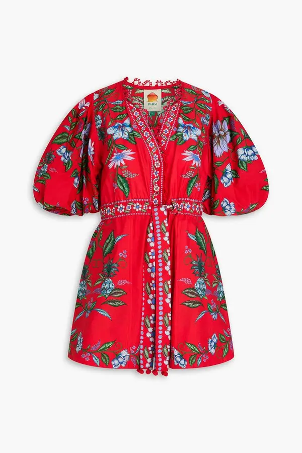 Farm Rio Guipure Lace Trimmed Floral Print Cotton Poplin Playsuit - Red