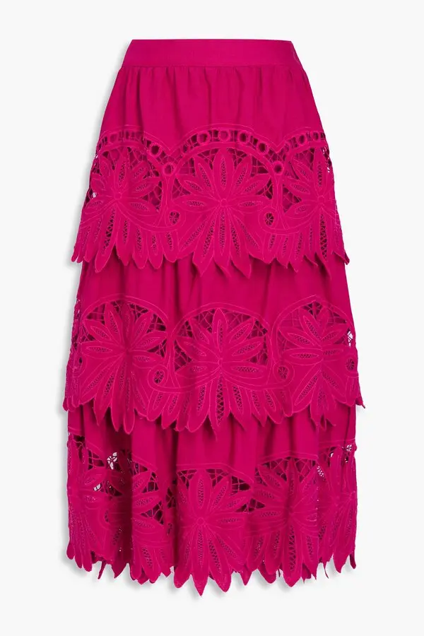 Farm Rio Tiered Broderie Anglaise Cotton And Linen-blend Midi Skirt - Fuchsia