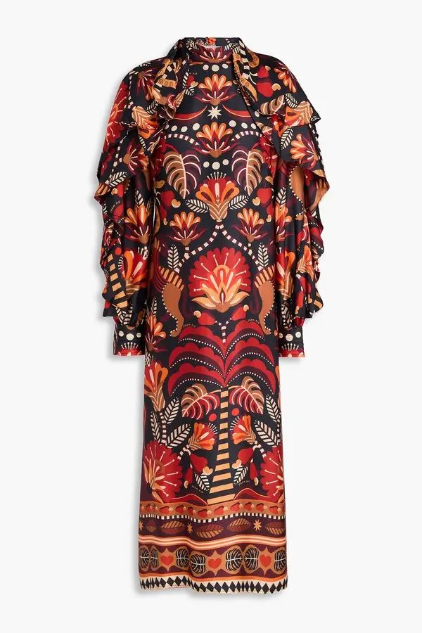 Farm Rio Ruffled Printed Satin Midi Dress - Black
