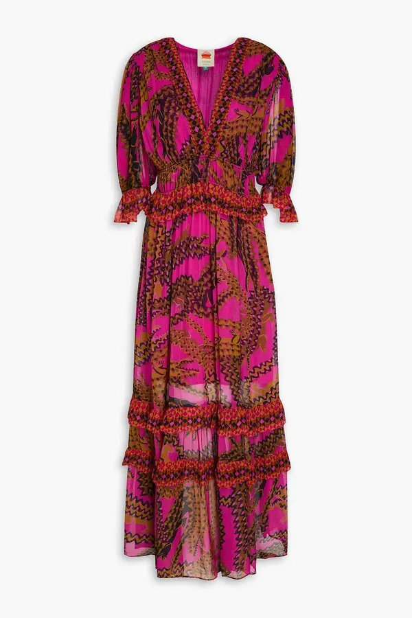 Farm Rio Ruffled Printed Georgette Maxi Dress