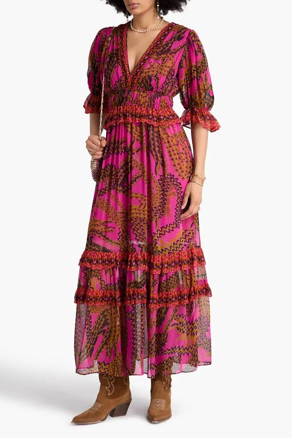 Farm Rio Ruffled Printed Georgette Maxi Dress