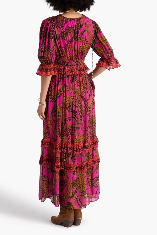 Farm Rio Ruffled Printed Georgette Maxi Dress