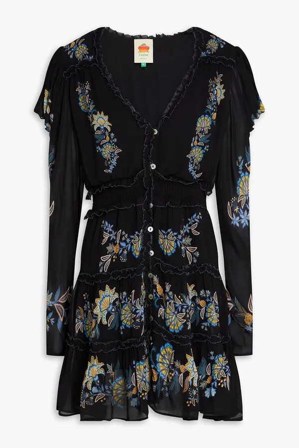 Farm Rio Ruffled Floral Print Crepe Mini Dress