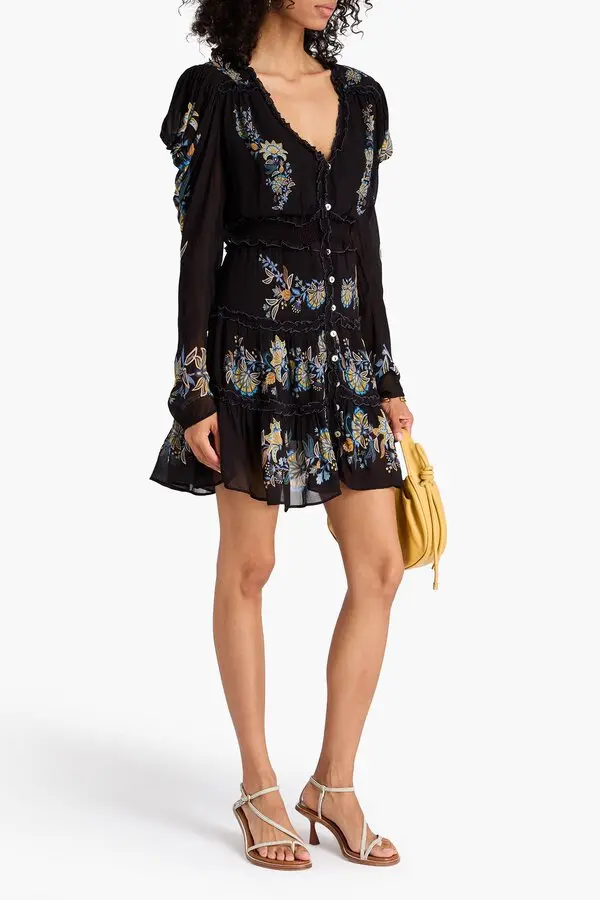 Farm Rio Ruffled Floral Print Crepe Mini Dress