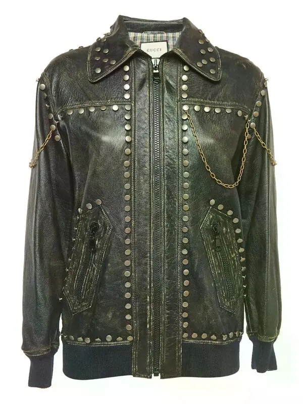 Gucci Leather Silver Studded Jacket With Chain Detail