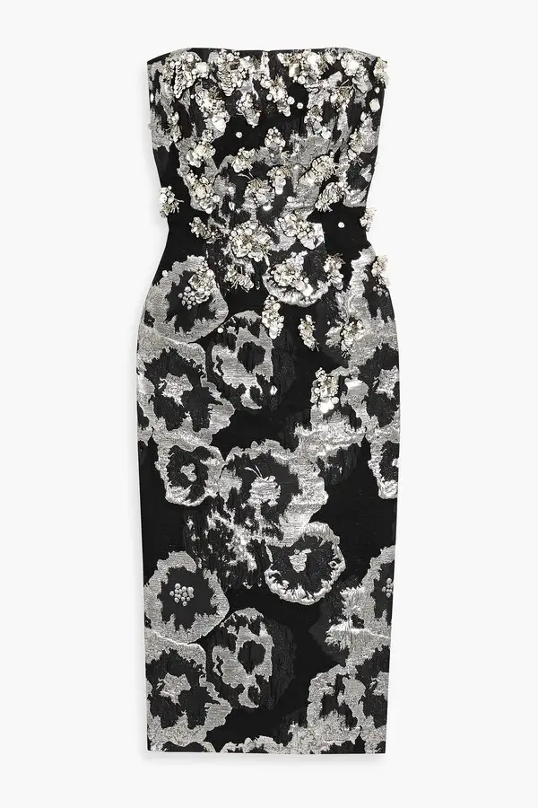 Jenny Packham Lotus Strapless Embellished Cottonblend Jacquard Midi Dress - Black