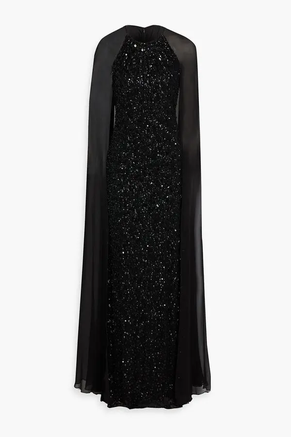 Jenny Packham Embellished Cape-effect Crepe And Chiffon Gown
