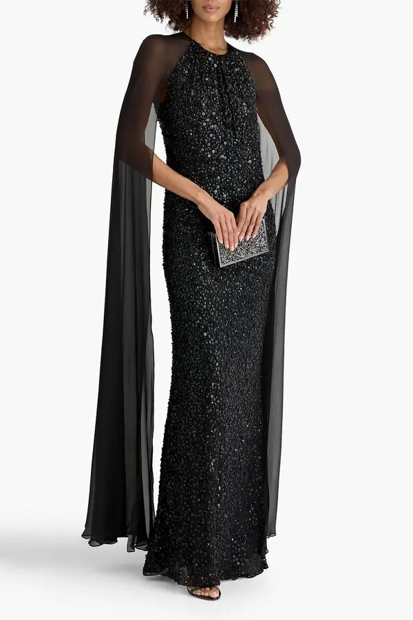 Jenny Packham Embellished Cape-effect Crepe And Chiffon Gown
